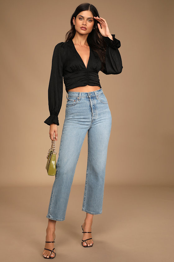 Black Crop Top - Floral Jacquard Top - Ruched Top - Blouse - Lulus