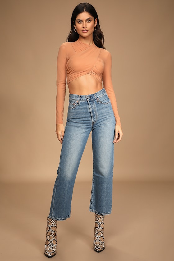 Peach Crop Top- Mesh Long Sleeve Top - Ruched Top - Sheer Top - Lulus