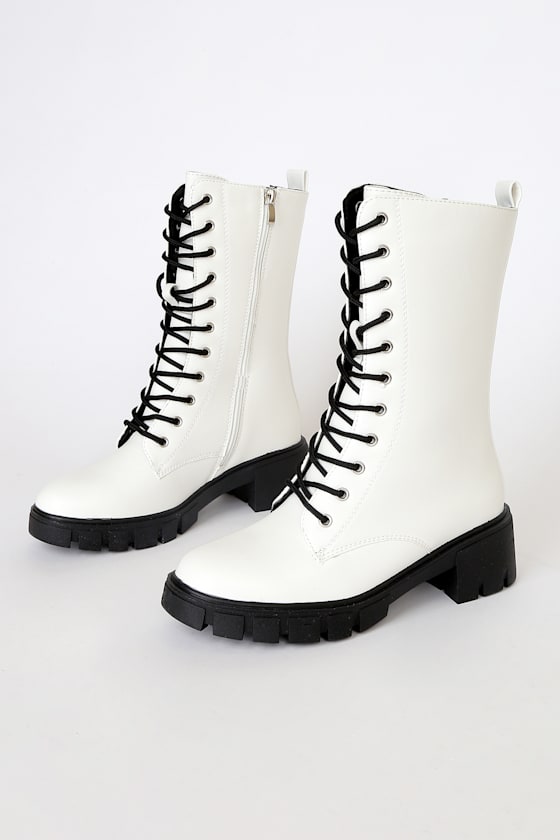 White Boots - Lace-Up Boots - Mid-Calf Boots - Lug Sole Boots - Lulus