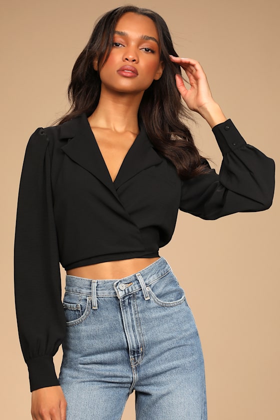 Black Wrap Top - Long Sleeve Wrap Top - Wrapping Top - Crop Top - Lulus