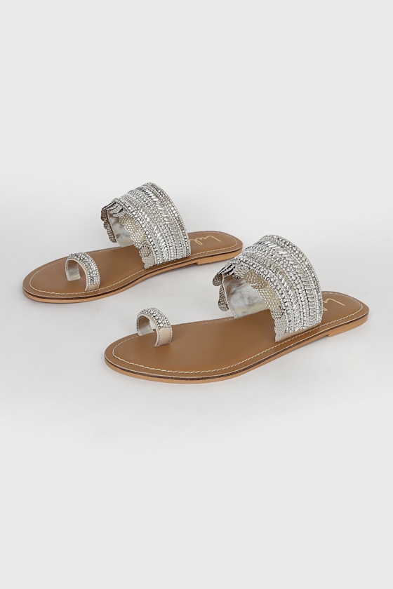 Silver Beaded Sandals - Coin Sandals - Flat Toe-Loop Sandals - Lulus
