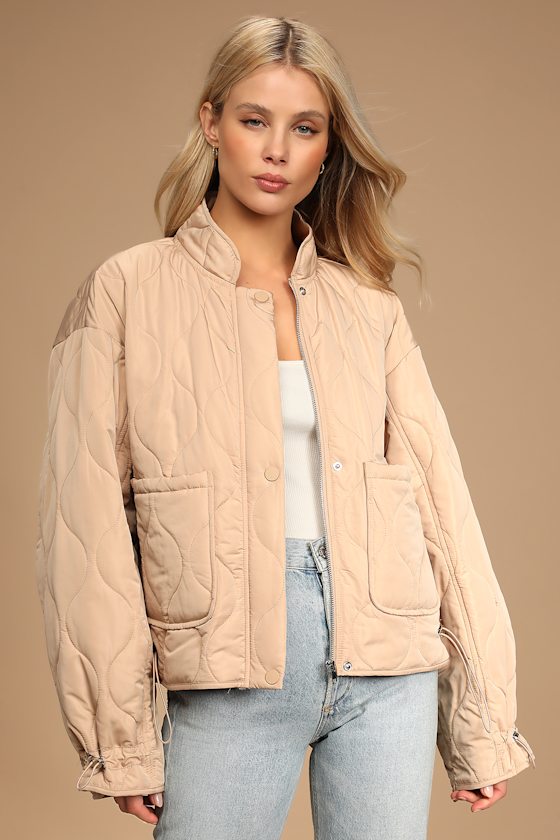 Beige Jacket - Quilted Jacket - Puffer Jacket - Zip-Front Jacket - Lulus