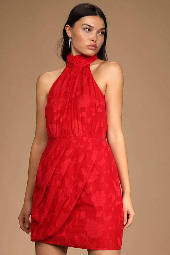 Red Dress - Jacquard Floral Dress - Halter Mini Dress - Lulus