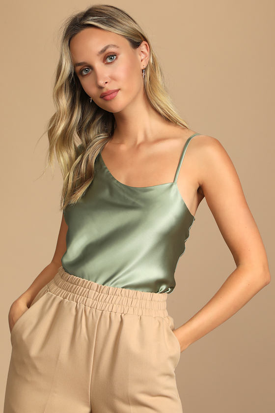 Sage Green Satin Tank Top - Asymmetrical Tank Top - Women's Tops - Lulus