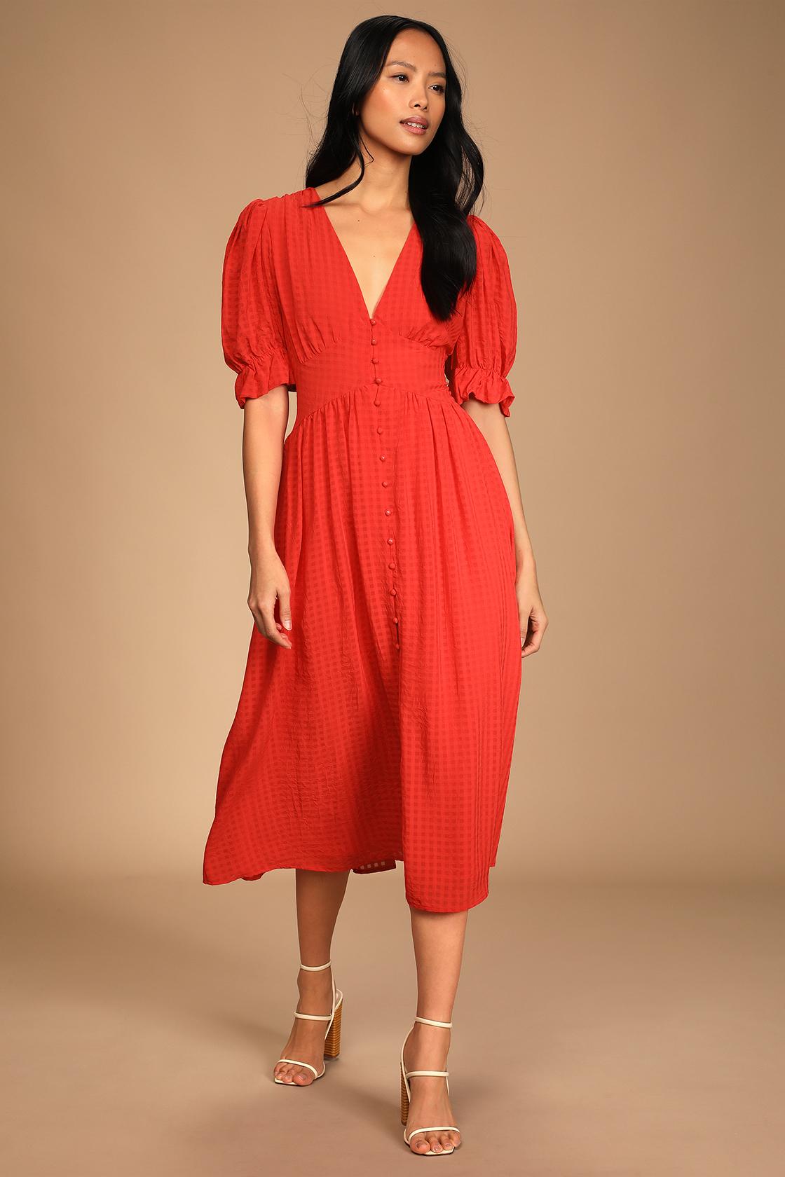 Red Button-Up Dress - Puff Sleeve Midi Dress - Gingham Dress - Lulus