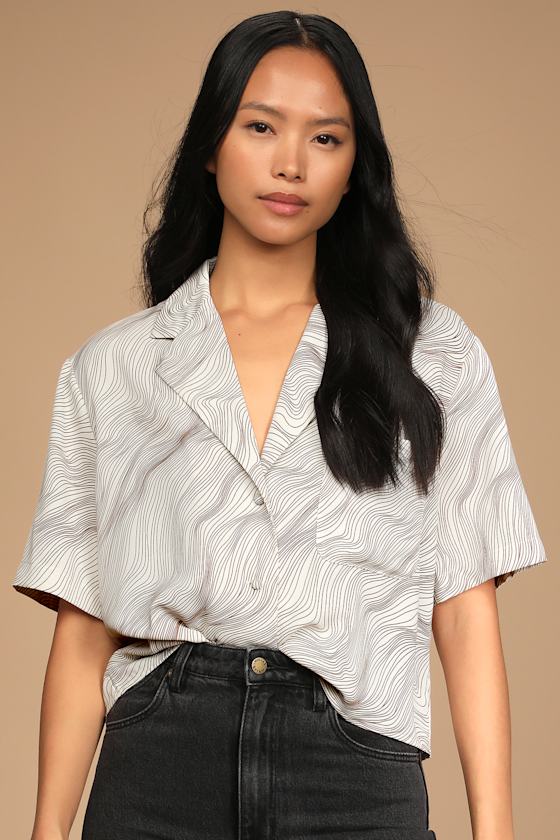 White Top - Abstract Print Top - Button-Up Top - Short Sleeve Top - Lulus