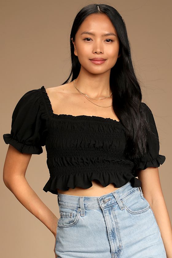 Black Crop Top - Puff Sleeve Top - Smocked Top - Women's Tops - Lulus