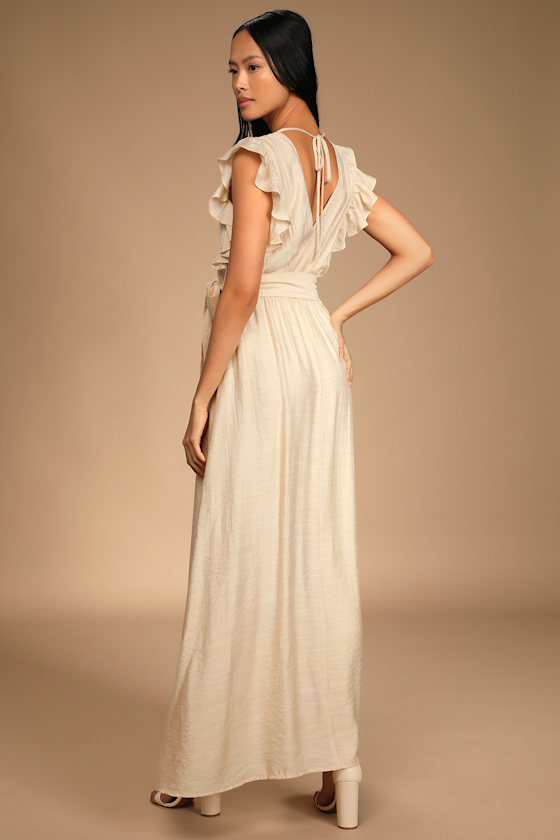 Beige Ruffled Dress - Surplice Maxi Dress - Tie Back Dress - Lulus