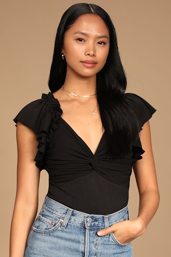 Ribbed Black Bodysuit - Ruffled Bodysuit - Women's Tops - Lulus