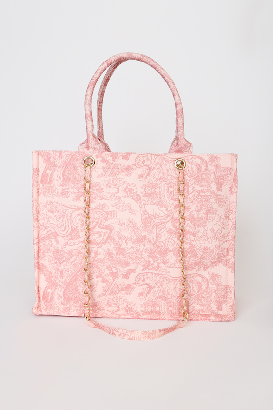 Pink Toile Print Tote Bag - Oversized Tote Bag - Canvas Tote Bag - Lulus