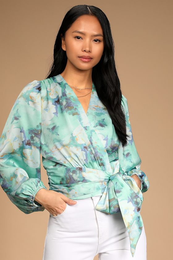 Green Multi Top - Satin Top - Long Sleeve Top - Wrap Top - Lulus