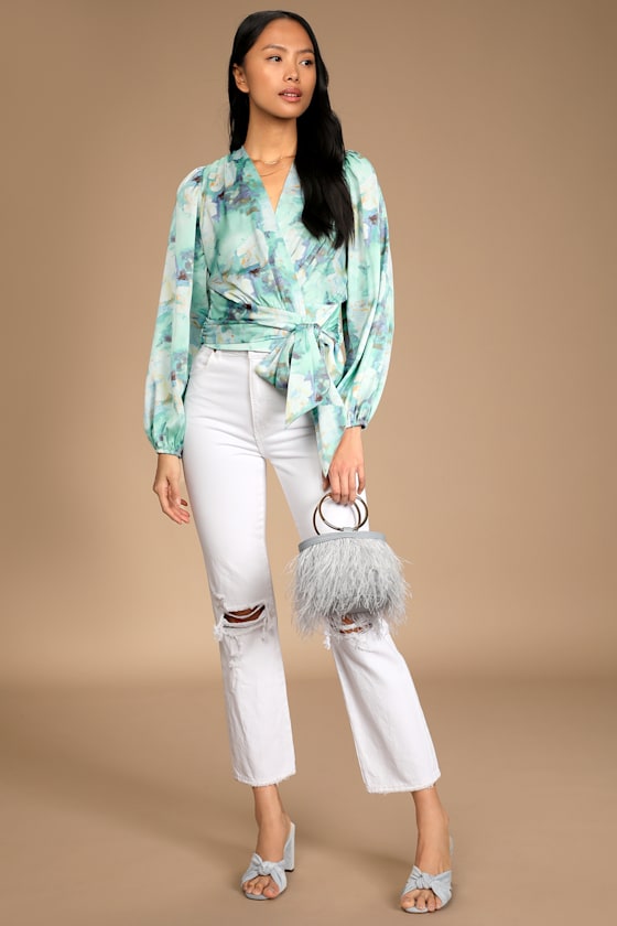 Green Multi Top - Satin Top - Long Sleeve Top - Wrap Top - Lulus