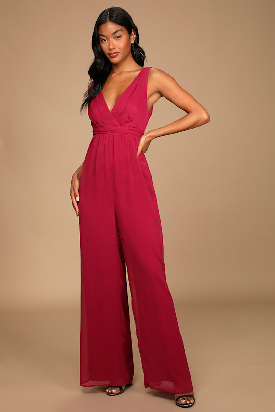 Berry Red Jumpsuit - Surplice Jumpsuit - Wide-Leg Jumpsuit - Lulus