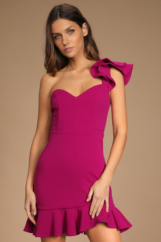 Magenta Mini Dress - One-Shoulder Dress - Trumpet Mini Dress - Lulus