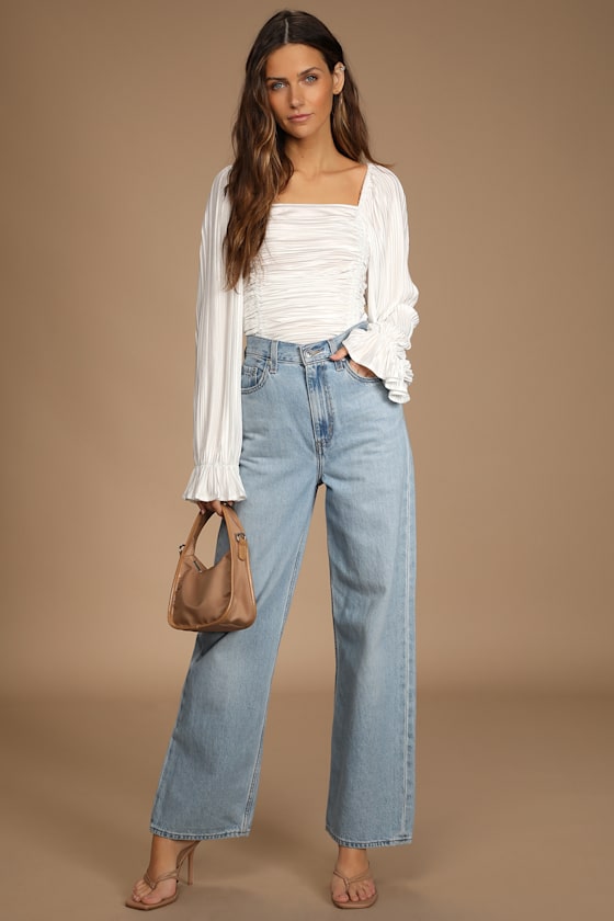 White Pleated Bodysuit - Ruched Bodysuit - Long Sleeve Bodysuit - Lulus