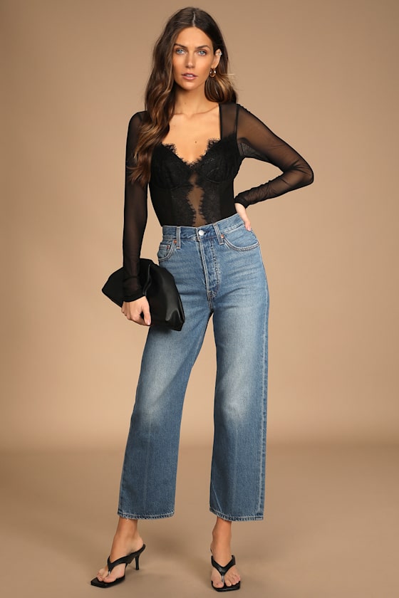 Black Mesh Bodysuit - Lace Long Sleeve Bodysuit - Sheer Bodysuit - Lulus