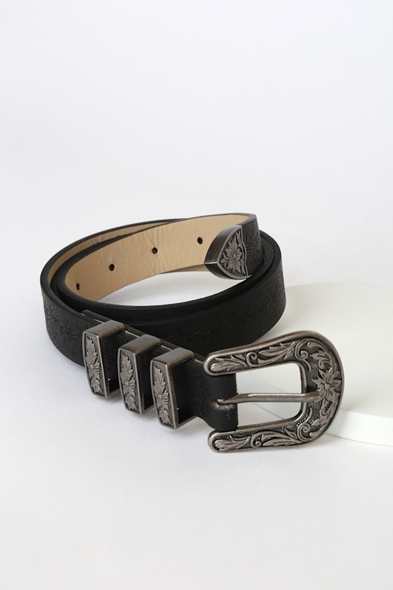 Black Belt - Floral-Embossed Belt - Western Belt - Women's Belts - Lulus