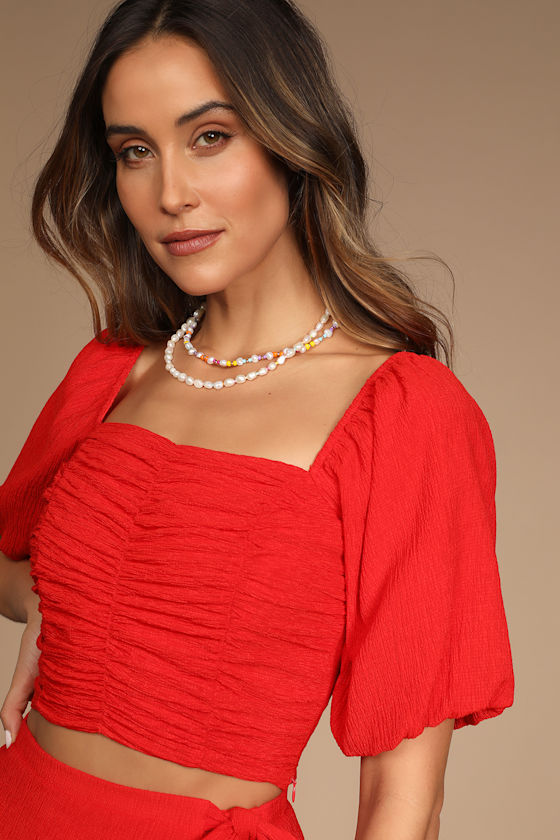 Red Crop Top - Puff Sleeve Top - Ruched Top - Women's Tops - Lulus