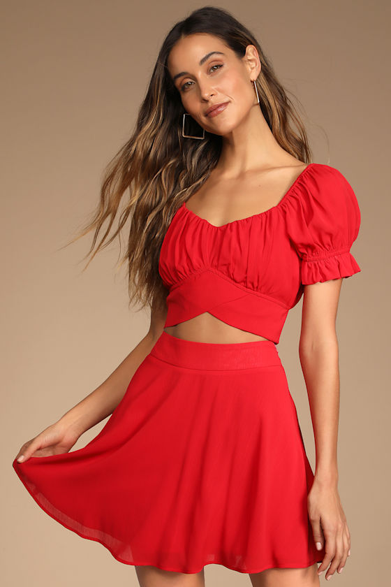 Red 2-Piece Dress - Two-Piece Dress - Puff Sleeve Mini Dress - Lulus