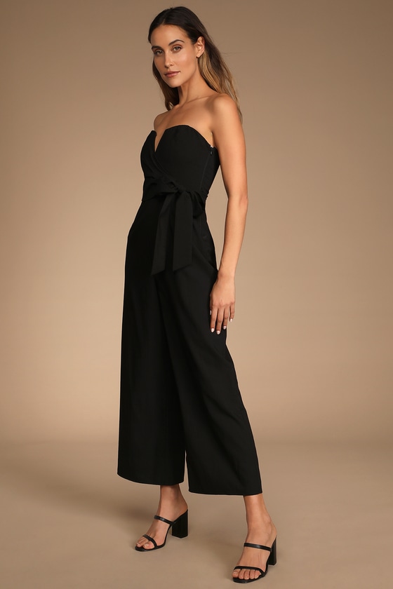 Black Jumpsuit Strapless Jumpsuit Tie Front Jumpsuit Lulus
