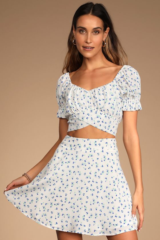 White Floral 2-Piece - Two-Piece Dress - Puff Sleeve Floral Dress - Lulus