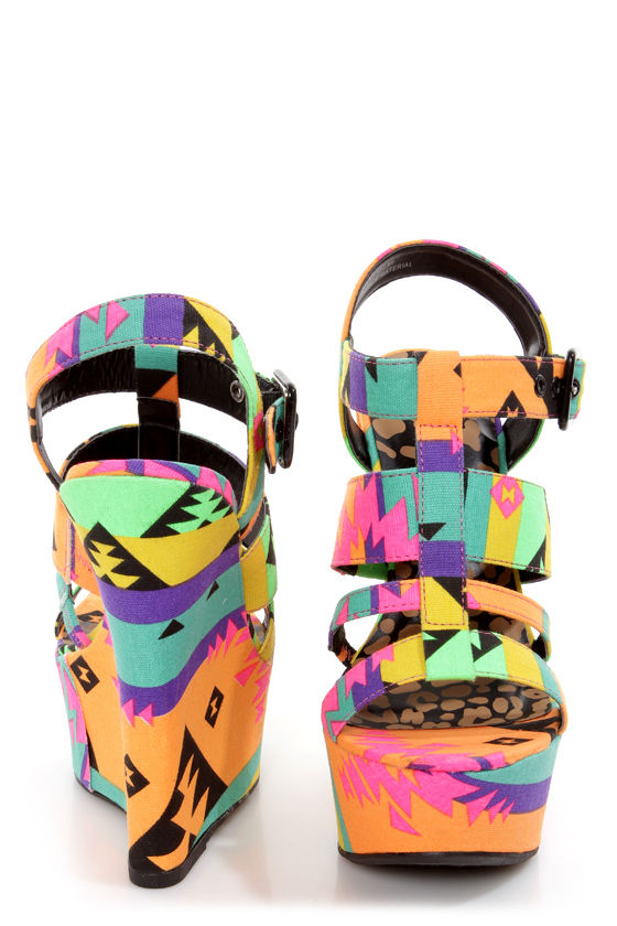 Dollhouse Electric Black Multi Neon Print Platform Wedges - $38.00 - Lulus