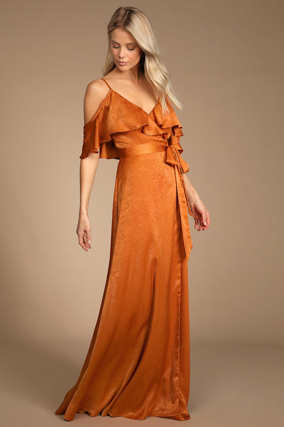 Rust Orange Dress - Cold-Shoulder Maxi - Rust Wrap Dress - Lulus