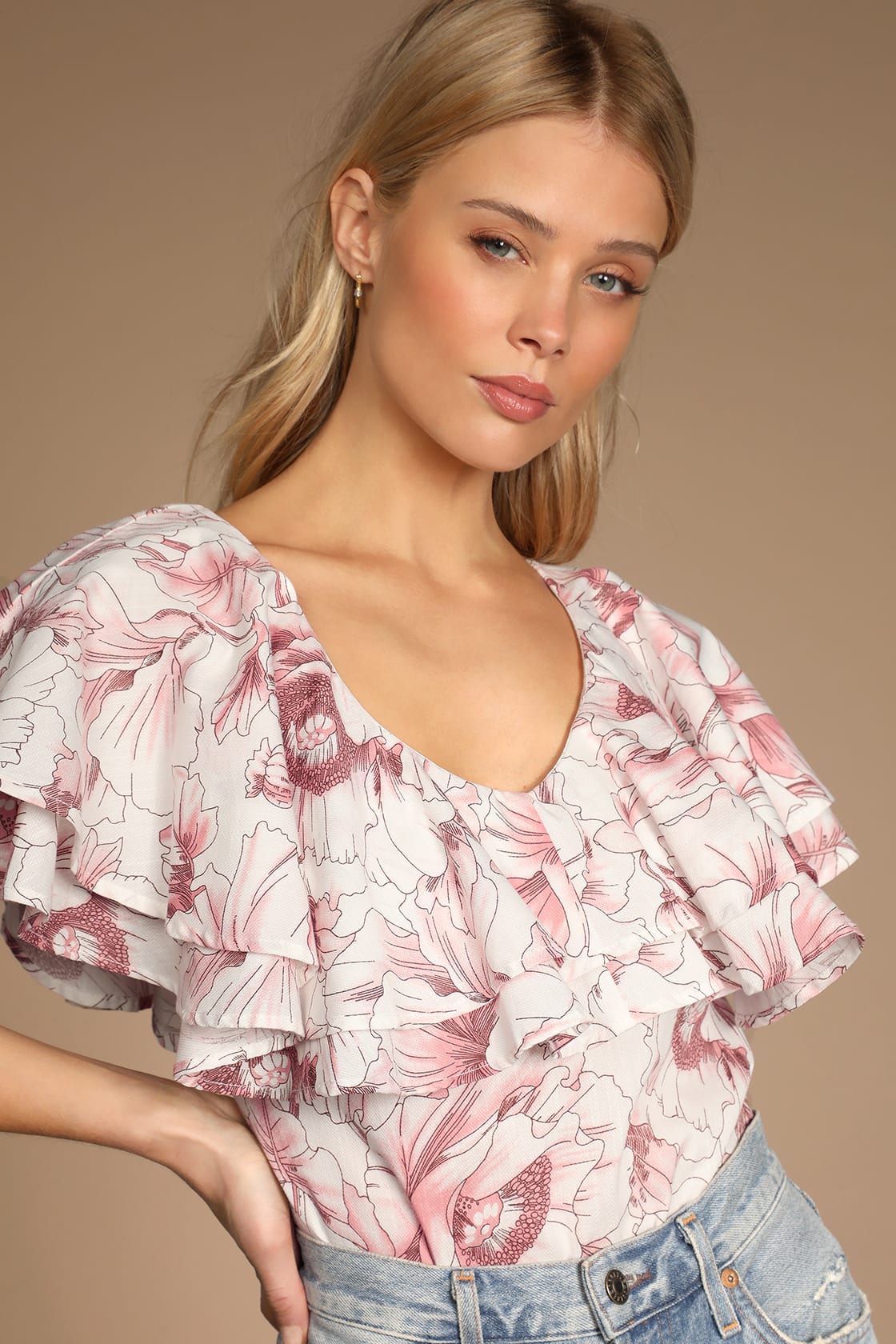 Pink Floral Print Bodysuit Ruffled Bodysuit Short Sleeve Top Lulus