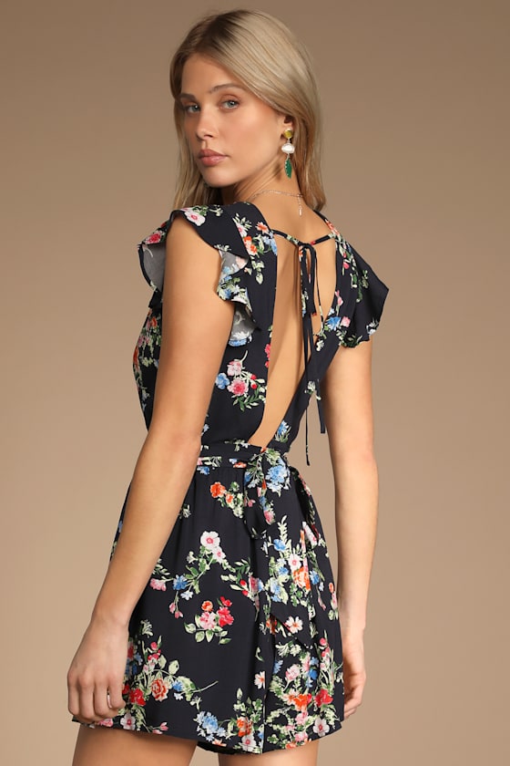 Navy Blue Romper - Ruffled Romper - Floral Print Romper - Lulus