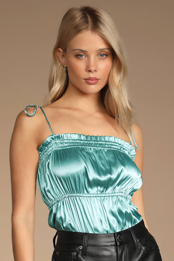 Mint Blue Bodysuit - Ruched Satin Bodysuit - Tie-Strap Bodysuit - Lulus