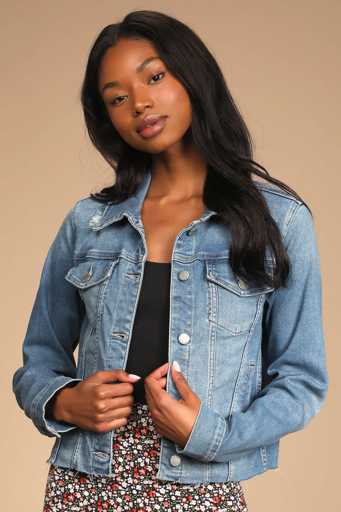 Medium Wash Denim Jacket - Cropped Denim Jacket - Raw Hem Jacket - Lulus