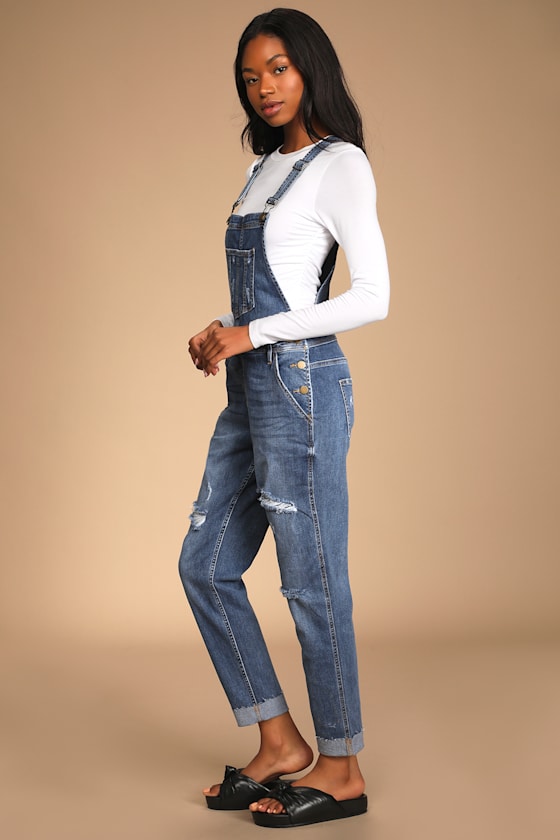 Medium Wash Overalls - Straight Leg Overalls - Distressed Overall - Lulus