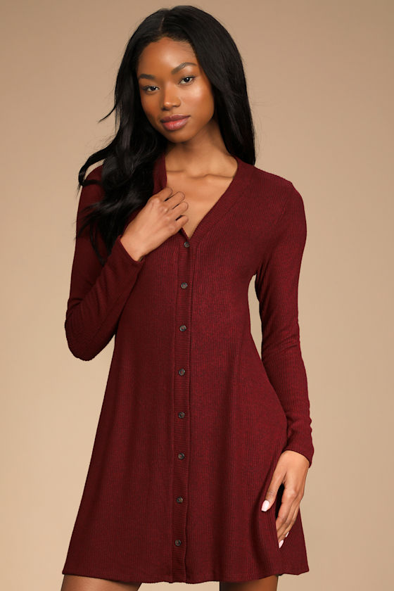 Cute Burgundy Dress - Sweater Dress - Button-Front Mini Dress - Lulus