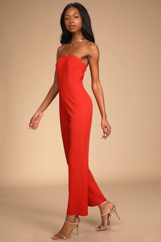 Red Strapless Jumpsuit Cutout Jumpsuit Straight Jumpsuit Lulus