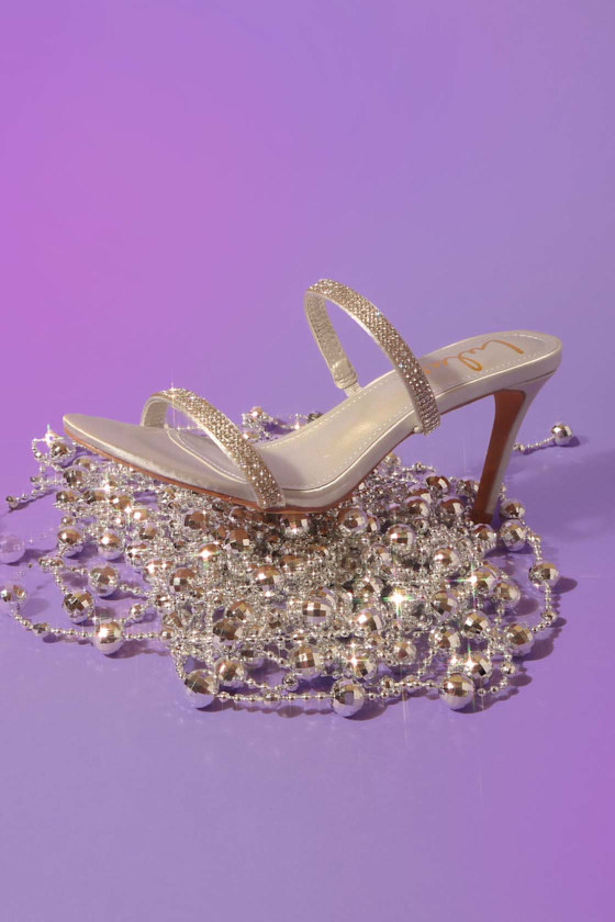 Silver Satin Heels - Rhinestone High Heels - Double Strap Sandals - Lulus