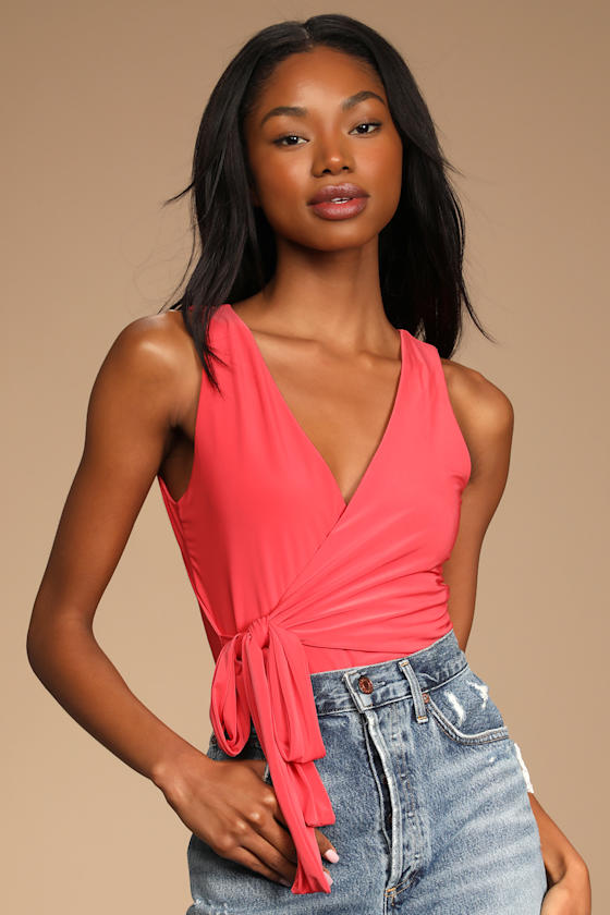 Pink Wrap Bodysuit - Coral Bodysuit - Wrap Top - Women's Tops - Lulus
