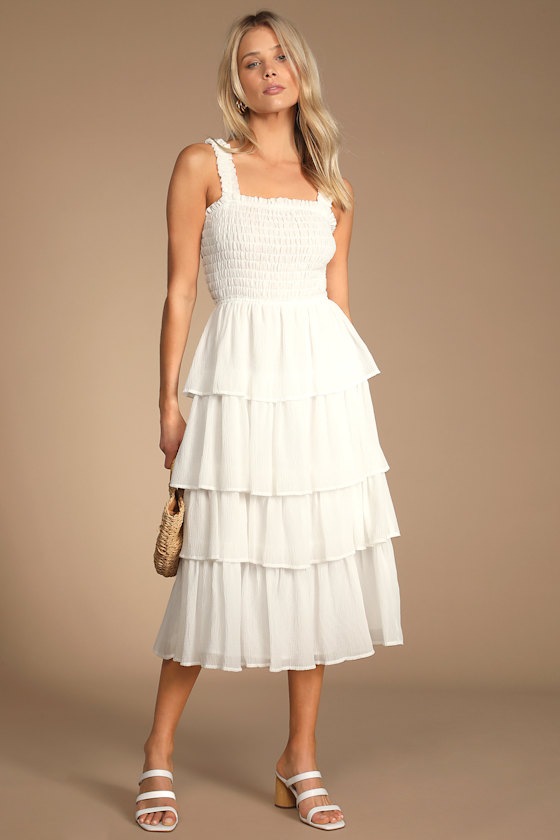 White Midi Dress - Smocked Dress - Sleeveless Tiered Dress - Lulus