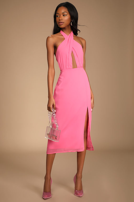 Bright Pink Midi Dress - Halter Dress - Twist-Front Cutout Dress - Lulus