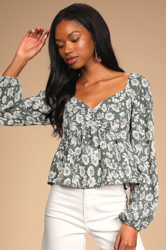 Sage Floral Print Top - Long Sleeve Top - Women's Tops - Lulus