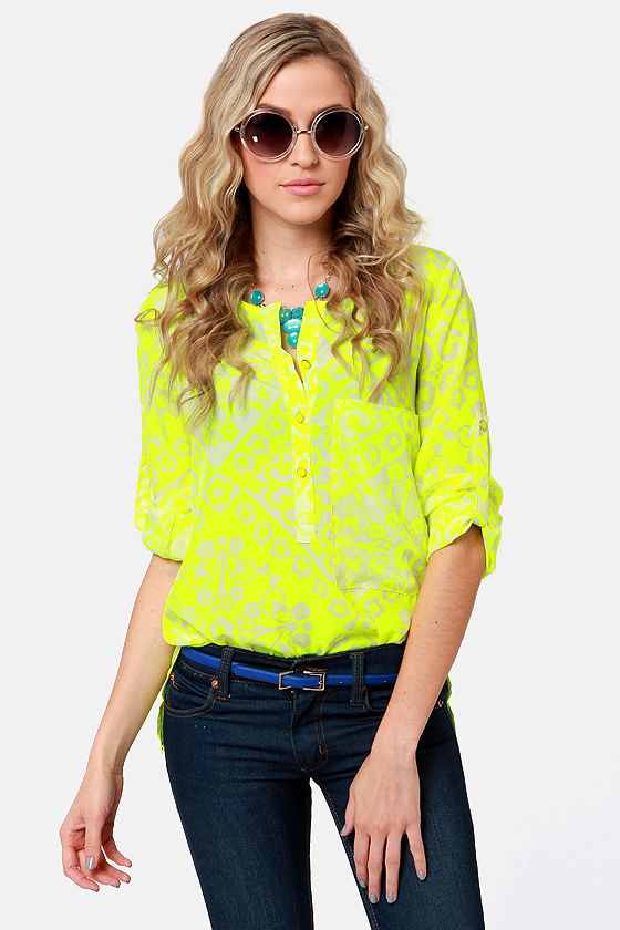 Cute Neon Yellow Top - Floral Print Top - Long Sleeve Top - $57.00 - Lulus