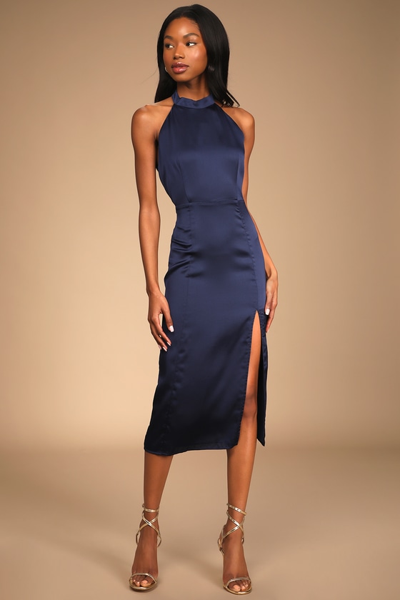 Sexy Navy Blue Dress Halter Dress Backless Midi Dress Lulus