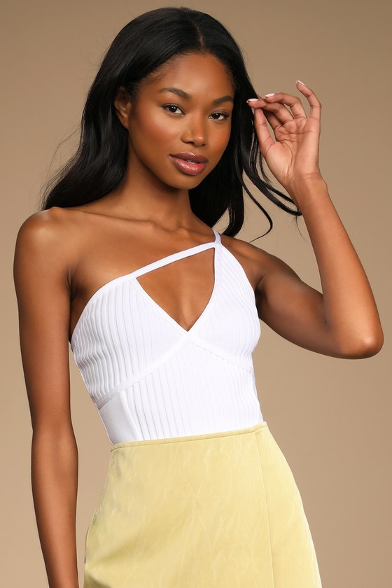 White Ribbed Bodysuit One Shoulder Bodysuit Asymmetrical Top Lulus