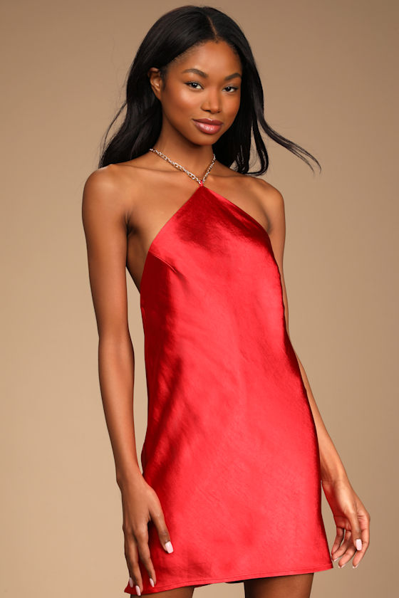 Red Satin Dress - Chain Detail Dress - Halter Dress - Mini Dress - Lulus