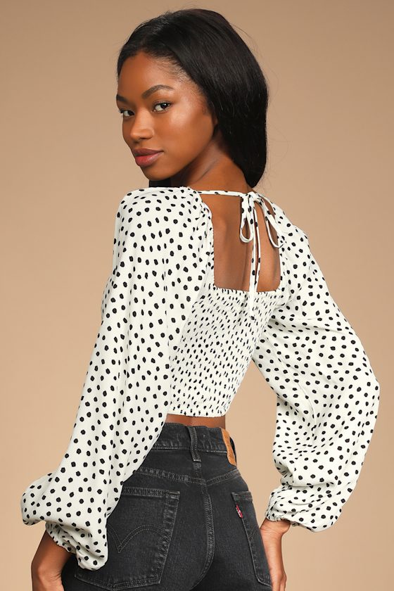 White Dot Print Top - Long Sleeve Top - Padded Cup Top - Shirt - Lulus