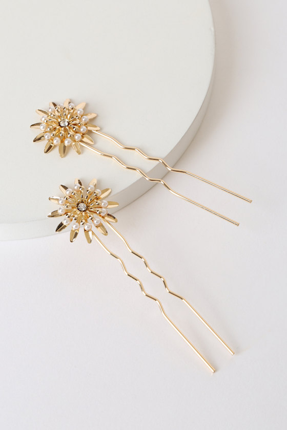 Gold Hair Pin Set - Pearl Hair Stick - Rhinestone Hair Forks - Lulus