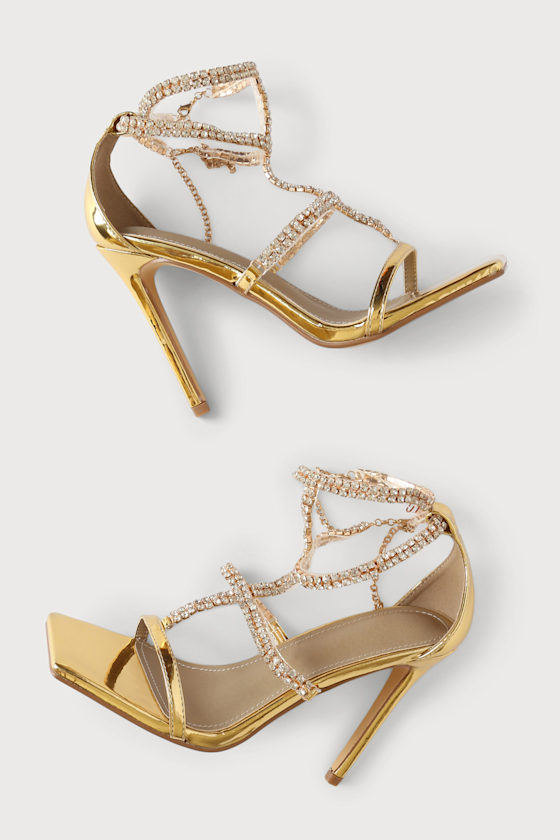 Gold High Heels - Rhinestone Heels - Square Toe Heels - Heels - Lulus