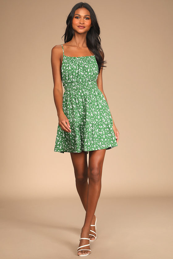 Green Mini Dress - Ruffled Sundress - Floral Tiered Mini Dress - Lulus