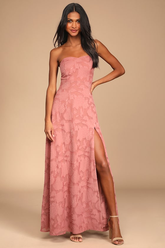 Rusty Rose Dress - Floral Burnout Dress - Strapless Maxi Dress - Lulus