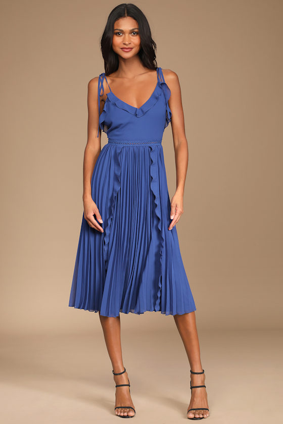 Royal Blue Tie-Strap Dress - Pleated Dress - Midi Dress - Lulus