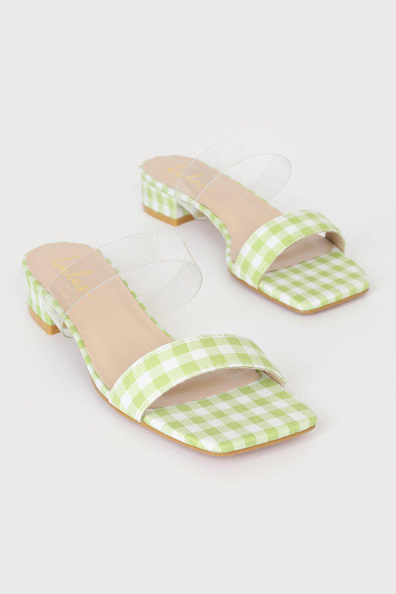 Green Gingham Sandals - Low Block Heel Sandals - Slip-On Sandals - Lulus